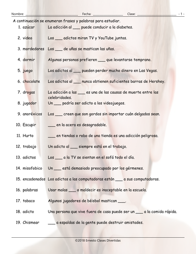 Bad Habits and Addictions Spanish Study Sheet | Teaching Resources