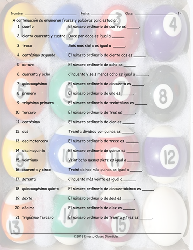 Cardinal and Ordinal Numbers Spanish Study Sheet | Teaching Resources