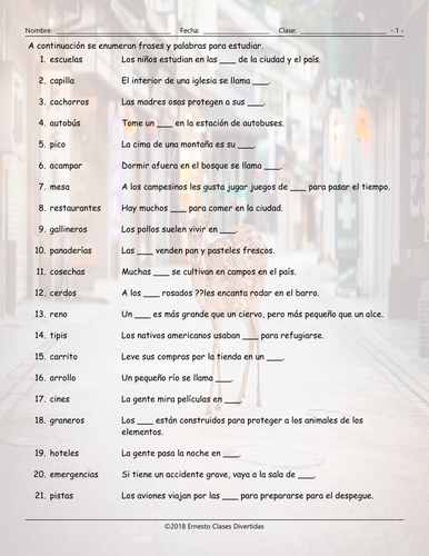 City versus Country Spanish Study Sheet | Teaching Resources