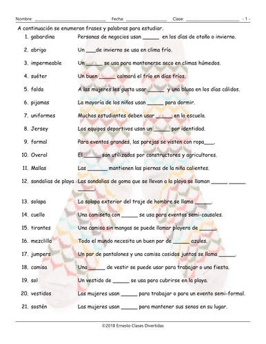 Clothing Items Spanish Study Sheet | Teaching Resources