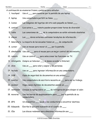 Computer Technology Spanish Study Sheet | Teaching Resources