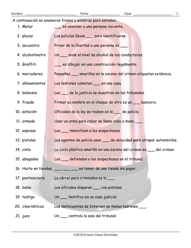 Crime, Law Enforcement, and Courts Spanish Study Sheet | Teaching Resources