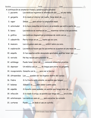 Doctor's, Illnesses, and Injuries Spanish Study Sheet | Teaching Resources