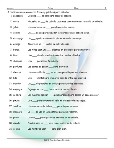 Health and Personal Hygiene Spanish Study Sheet | Teaching Resources