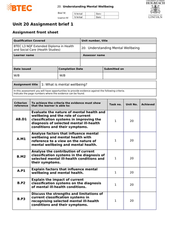 BTEC Level 3 Health and Social Care Unit 20 Understanding Mental Well ...