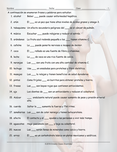 Healthy Lifestyle and Nutrition Spanish Study Sheet | Teaching Resources