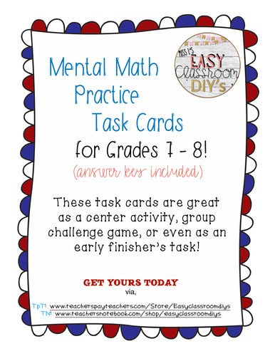 Mental Math Task cards | Teaching Resources