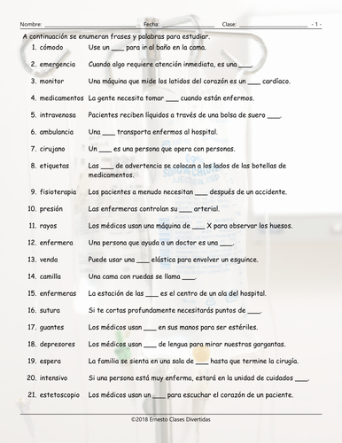 Hospitals and Injuries Spanish Study Sheet | Teaching Resources