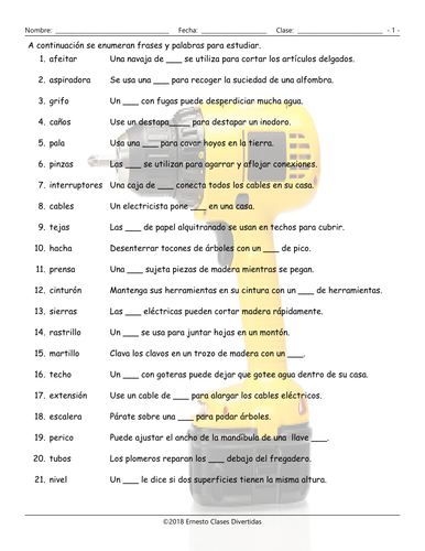 House Repairs, Tools, and Supplies Spanish Study Sheet | Teaching Resources