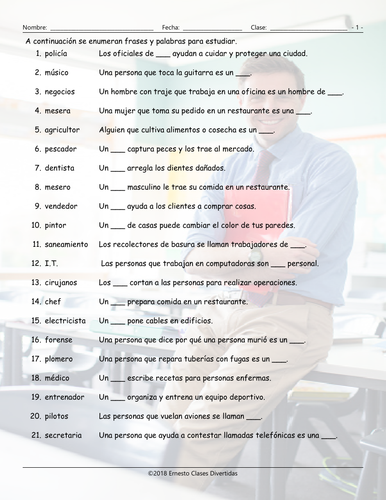 Jobs and Professions Spanish Study Sheet | Teaching Resources
