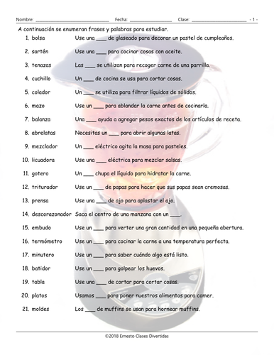 Kitchen Cookware and Utensils Spanish Study Sheet | Teaching Resources