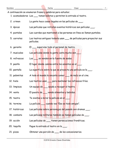 Movie Things and Genres Spanish Study Sheet | Teaching Resources