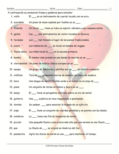 Musical Instruments Spanish Study Sheet | Teaching Resources