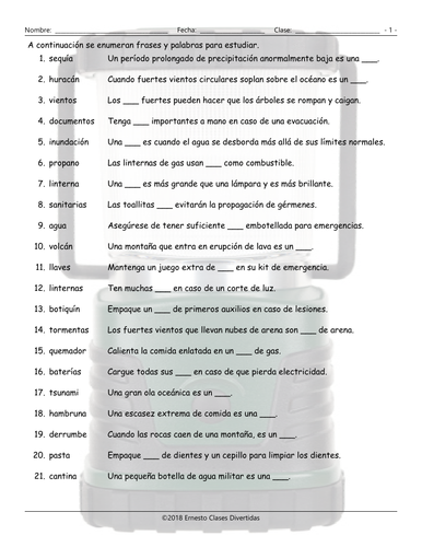 Natural Disasters and Emergencies Spanish Study Sheet | Teaching Resources