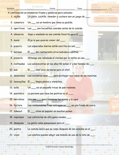 Restaurant Things and Activities Spanish Study Sheet | Teaching Resources