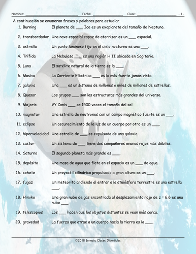 Space and Astronomy Spanish Study Sheet | Teaching Resources