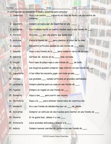 Stores and Shops Spanish Study Sheet | Teaching Resources