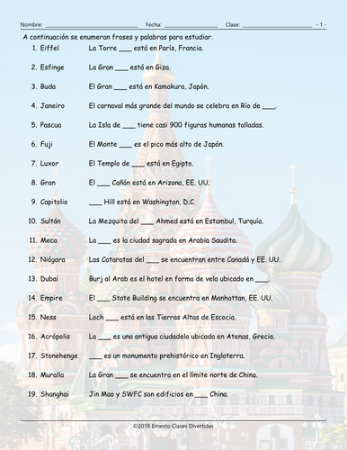 Tourist Attractions Around The World Spanish Study Sheet | Teaching ...