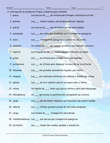 Transportation and Vehicles Spanish Study Sheet | Teaching Resources