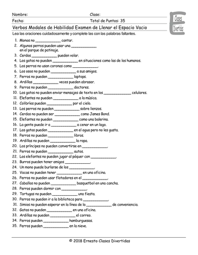 Ability Modals Spanish Fill In The Blanks Exam | Teaching Resources