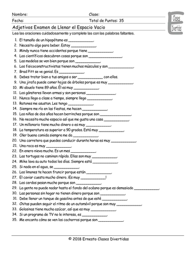 Adjectives Spanish Fill In The Blanks Exam | Teaching Resources
