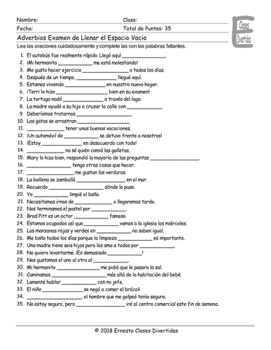 Adverbs Spanish Fill In The Blanks Exam | Teaching Resources