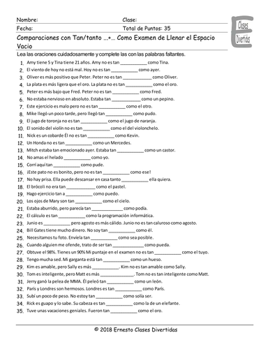 Comparisons with As ...+... As Spanish Fill In The Blanks Exam ...