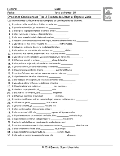 Conditional Sentences Type 2 Spanish Fill In The Blanks Exam | Teaching ...