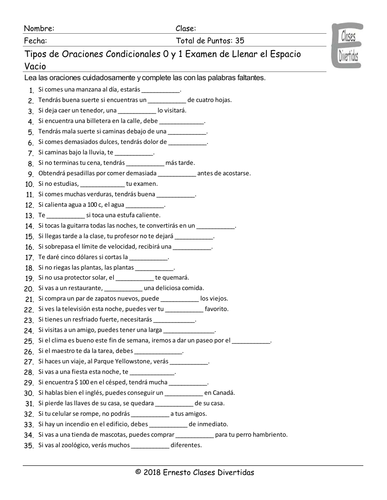 Conditional Sentences Types 0 & 1 Spanish Fill In The Blanks Exam ...
