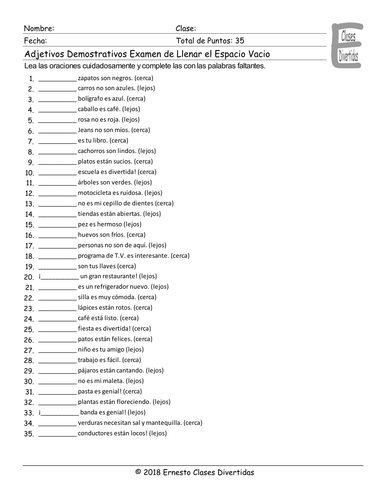 Demonstrative Adjectives Spanish Fill In The Blanks Exam | Teaching ...