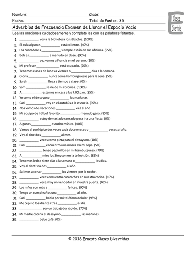 Frequency Adverbs Spanish Fill In The Blanks Exam | Teaching Resources