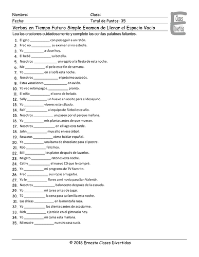 Future Simple Tense with Will Spanish Fill In The Blanks Exam ...