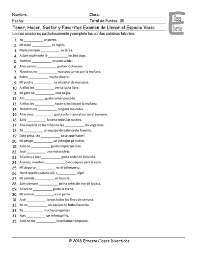 Have, Do, Like and Favorites Spanish Fill In The Blanks Exam | Teaching ...