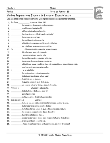 Imperative Verbs Spanish Fill In The Blanks Exam | Teaching Resources