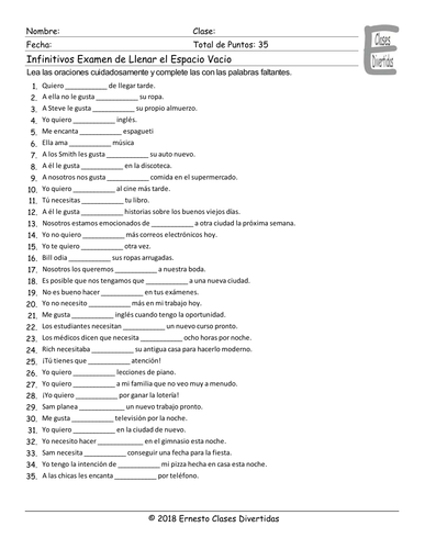 Infinitives Spanish Fill In The Blanks Exam | Teaching Resources