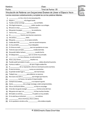 Linking Words and Connectors Spanish Fill In The Blanks Exam | Teaching ...