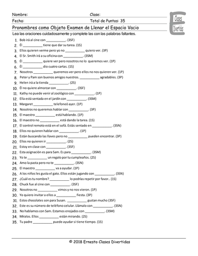 Object Pronouns Spanish Fill In The Blanks Exam | Teaching Resources