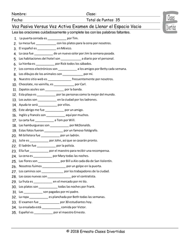Passive versus Active Voice Spanish Fill In The Blanks Exam | Teaching ...