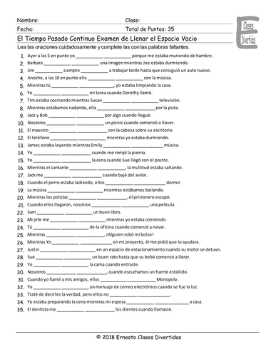 Past Continuous Tense Spanish Fill In The Blanks Exam | Teaching Resources