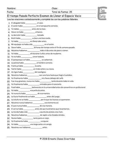 Past Perfect Tense Spanish Fill In The Blanks Exam | Teaching Resources
