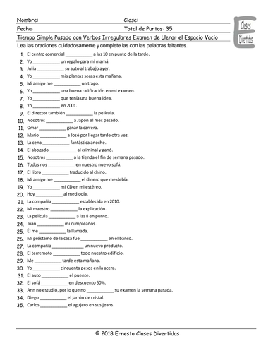Past Simple Tense with Irregular Verbs Spanish Fill In The Blanks Exam ...