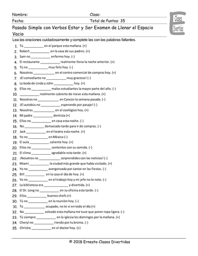 Past Simple with Verb Estar and Ser Spanish Fill In The Blanks Exam ...