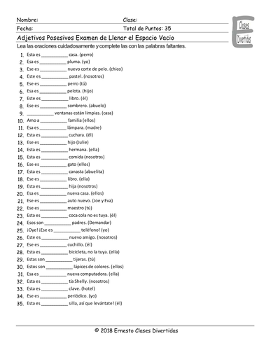 Possessive Adjectives In Spanish Worksheet Spanish Possessive