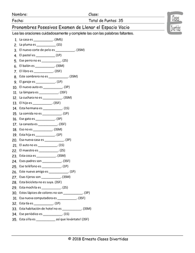 Possessive Pronouns Spanish Fill In The Blanks Exam | Teaching Resources