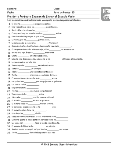 Present Perfect Tense Spanish Fill In The Blanks Exam | Teaching Resources