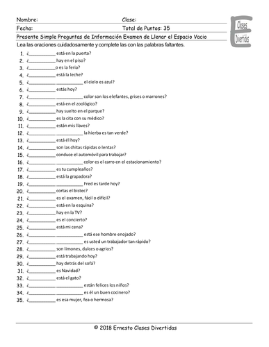 Present Simple Tense Question Words Spanish Fill In The Blanks Exam ...