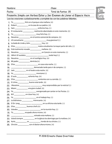 Present Simple with Verbs Estar and Ser Spanish Fill In The Blanks Exam ...