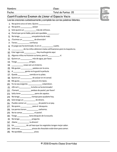 Quantifiers Spanish Fill In The Blanks Exam | Teaching Resources