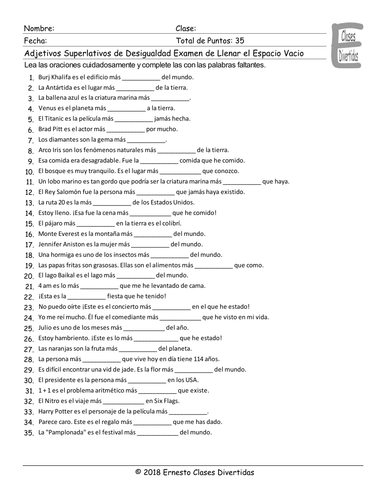 Superlative Adjectives Spanish Fill In The Blanks Exam | Teaching Resources