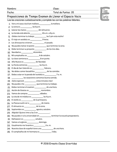 Time Prepositions Spanish Fill In The Blanks Exam | Teaching Resources